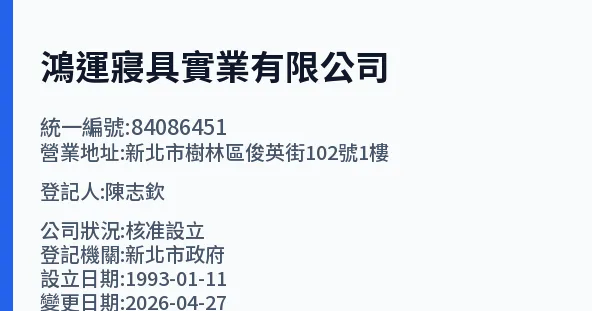 鴻運寢具實業有限公司的照片-統編 84086451(新北市) 公司登記資料與營業項目詳細圖表