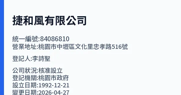 捷和風有限公司的照片-統編 84086810(桃園市) 公司登記資料與營業項目詳細圖表