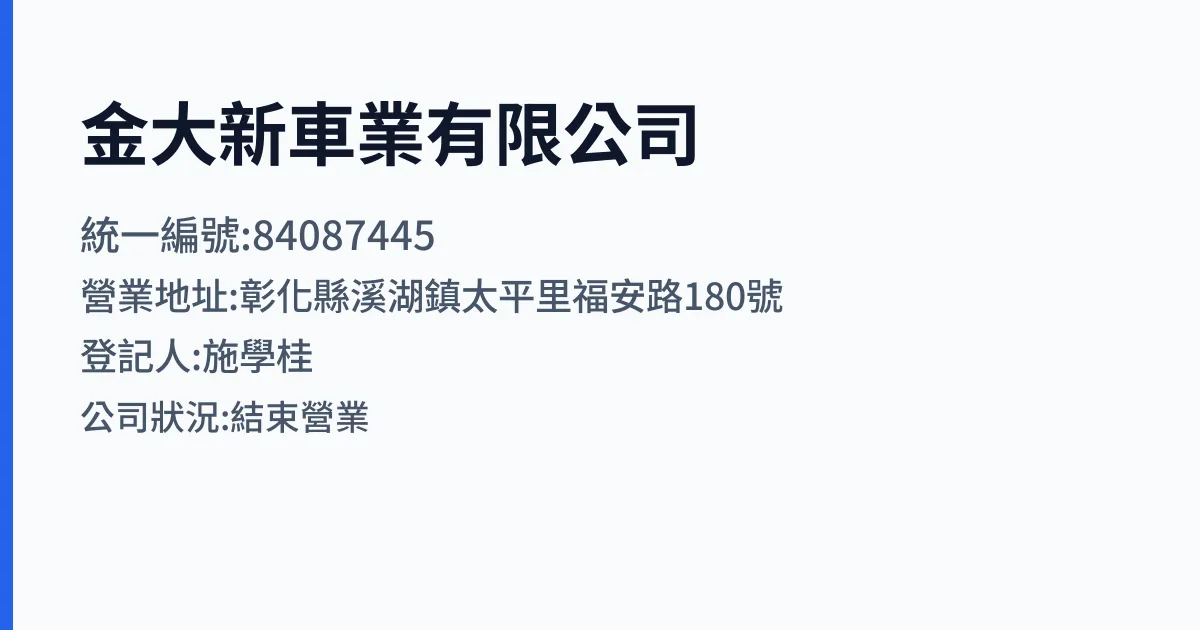 金大新車業有限公司 - 統編 84087445(彰化縣) 公司登記資料與營業項目詳細圖表