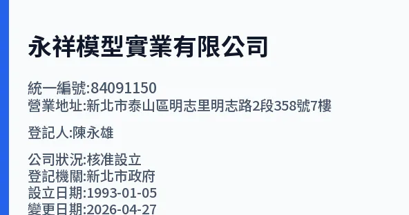 永祥模型實業有限公司的照片-統編 84091150(新北市) 公司登記資料與營業項目詳細圖表