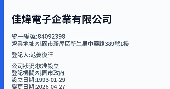 佳煒電子企業有限公司的照片-統編 84092398(桃園市) 公司登記資料與營業項目詳細圖表