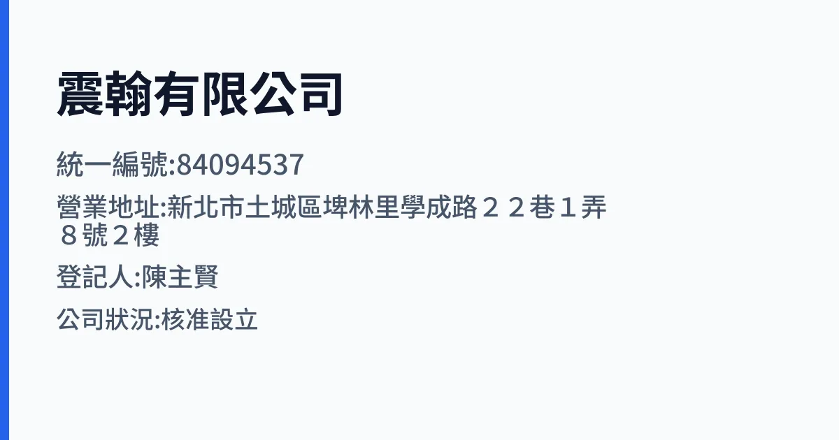 震翰有限公司 - 統編 84094537(新北市) 公司登記資料與營業項目詳細圖表