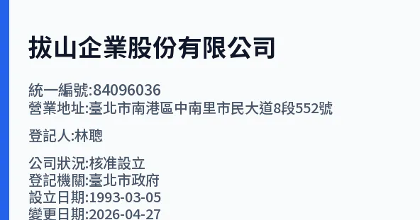 拔山企業股份有限公司的照片-統編 84096036(臺北市) 公司登記資料與營業項目詳細圖表