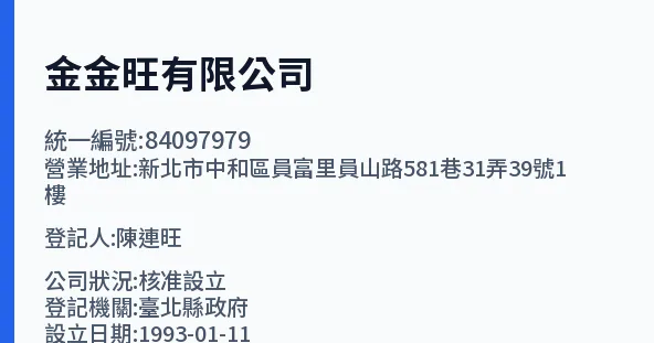 金金旺有限公司的照片-統編 84097979(新北市) 公司登記資料與營業項目詳細圖表