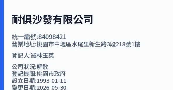 耐俱沙發有限公司的照片-統編 84098421(桃園市) 公司登記資料與營業項目詳細圖表