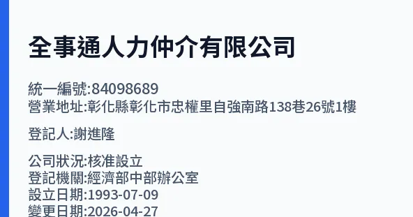 全事通人力仲介有限公司的照片-統編 84098689(彰化縣) 公司登記資料與營業項目詳細圖表