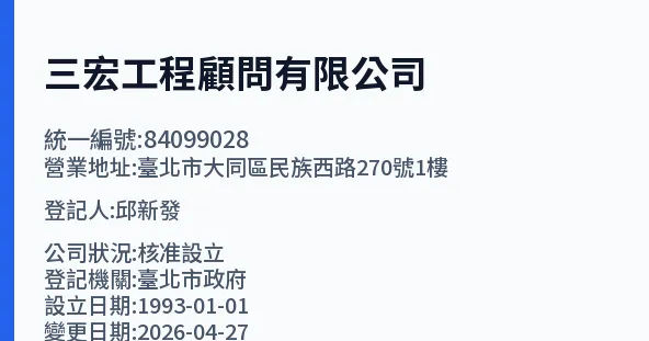 三宏工程顧問有限公司的照片-統編 84099028(臺北市) 公司登記資料與營業項目詳細圖表