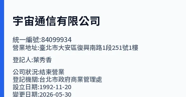 宇宙通信有限公司的照片-統編 84099934(臺北市) 公司登記資料與營業項目詳細圖表