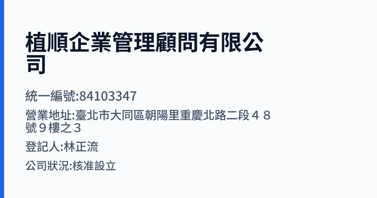植順企業管理顧問有限公司 - 統編 84103347(臺北市) 公司登記資料與營業項目詳細圖表