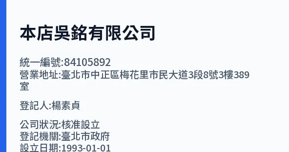 本店吳銘有限公司的照片-統編 84105892(臺北市) 公司登記資料與營業項目詳細圖表