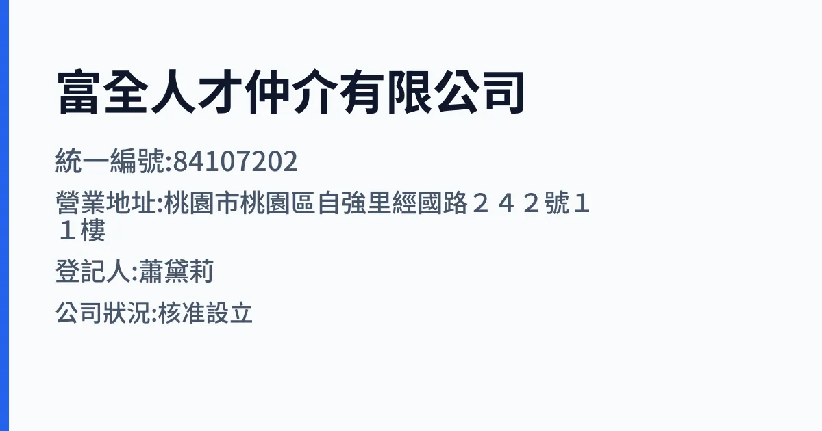 富全人才仲介有限公司 - 統編 84107202(桃園市) 公司登記資料與營業項目詳細圖表
