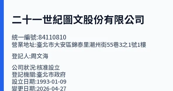 二十一世紀圖文股份有限公司的照片-統編 84110810(臺北市) 公司登記資料與營業項目詳細圖表