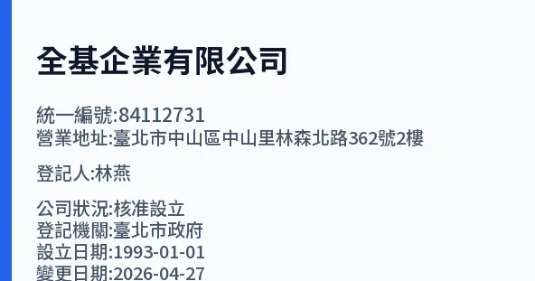 全基企業有限公司的照片-統編 84112731(臺北市) 公司登記資料與營業項目詳細圖表