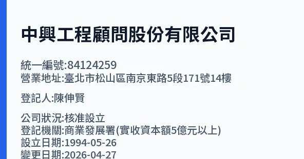 中興工程顧問股份有限公司的照片-統編 84124259(臺北市) 公司登記資料與營業項目詳細圖表