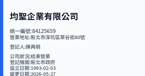 均聖企業有限公司的照片-統編 84125659(新北市) 公司登記資料與營業項目詳細圖表