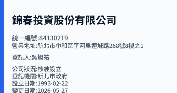 錦春投資股份有限公司的照片-統編 84130219(新北市) 公司登記資料與營業項目詳細圖表