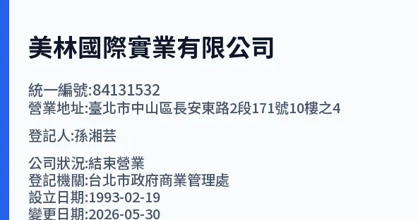 美林國際實業有限公司的照片-統編 84131532(臺北市) 公司登記資料與營業項目詳細圖表