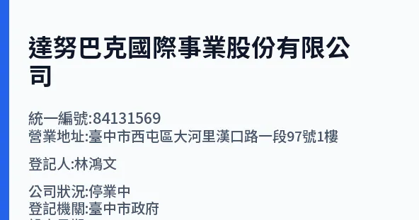 達努巴克國際事業股份有限公司的照片-統編 84131569(臺中市) 公司登記資料與營業項目詳細圖表