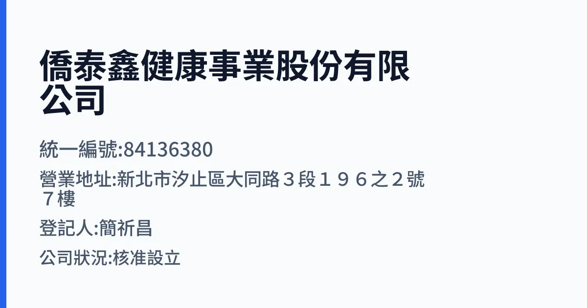 僑泰鑫健康事業股份有限公司 - 統編 84136380(新北市) 公司登記資料與營業項目詳細圖表