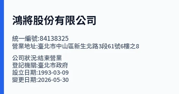鴻將股份有限公司的照片-統編 84138325(臺北市) 公司登記資料與營業項目詳細圖表
