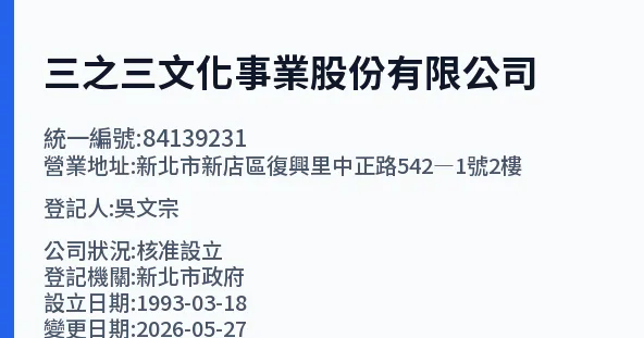 三之三文化事業股份有限公司的照片-統編 84139231(新北市) 公司登記資料與營業項目詳細圖表