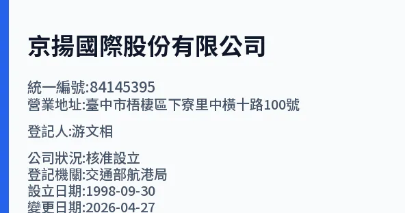 京揚國際股份有限公司的照片-統編 84145395(臺中市) 公司登記資料與營業項目詳細圖表
