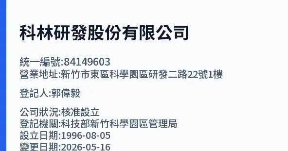 科林研發股份有限公司的照片-統編 84149603(新竹市) 公司登記資料與營業項目詳細圖表