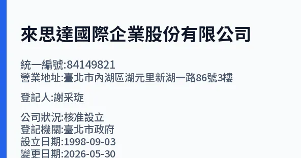 來思達國際企業股份有限公司的照片-統編 84149821(臺北市) 公司登記資料與營業項目詳細圖表