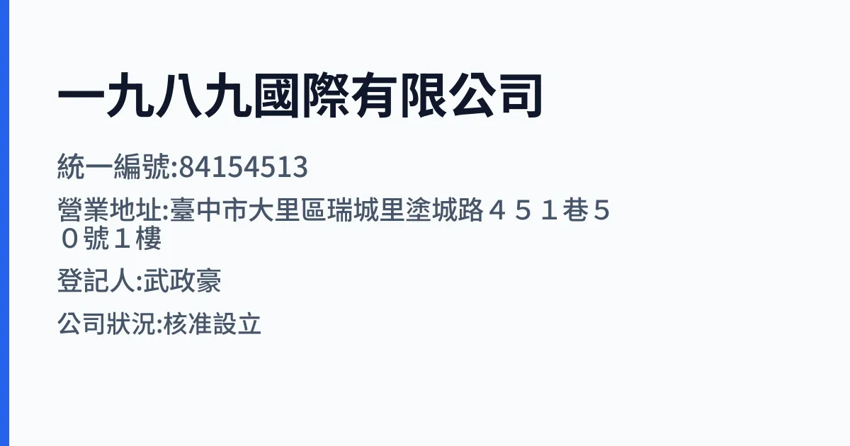 一九八九國際有限公司 - 統編 84154513(臺中市) 公司登記資料與營業項目詳細圖表