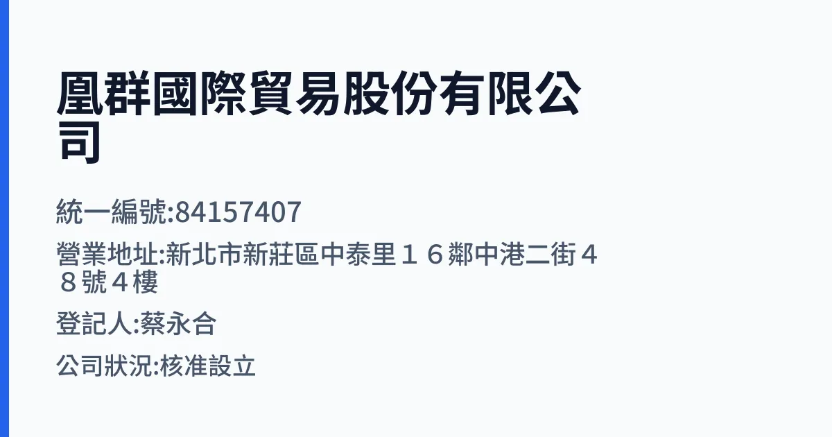 凰群國際貿易股份有限公司 - 統編 84157407(新北市) 公司登記資料與營業項目詳細圖表