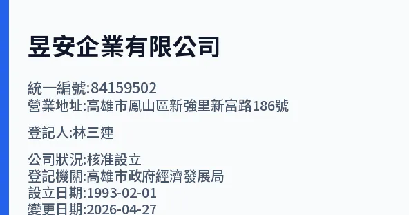 昱安企業有限公司的照片-統編 84159502(高雄市) 公司登記資料與營業項目詳細圖表