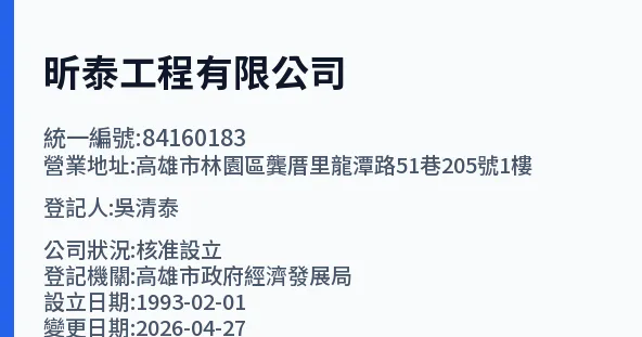 昕泰工程有限公司的照片-統編 84160183(高雄市) 公司登記資料與營業項目詳細圖表