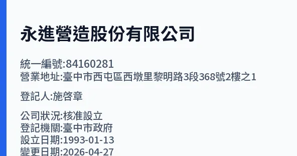 永進營造股份有限公司的照片-統編 84160281(臺中市) 公司登記資料與營業項目詳細圖表