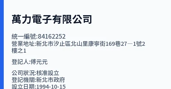 萬力電子有限公司的照片-統編 84162252(新北市) 公司登記資料與營業項目詳細圖表