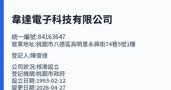 韋達電子科技有限公司的照片-統編 84163647(桃園市) 公司登記資料與營業項目詳細圖表