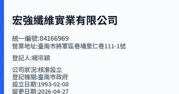 宏強纖維實業有限公司的照片-統編 84166969(臺南市) 公司登記資料與營業項目詳細圖表