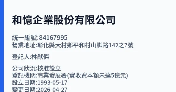 和憶企業股份有限公司的照片-統編 84167995(彰化縣) 公司登記資料與營業項目詳細圖表