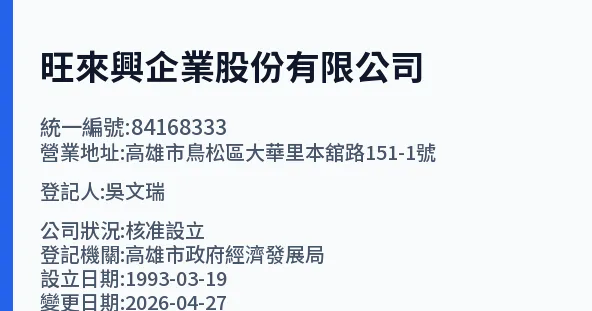 旺來興企業股份有限公司的照片-統編 84168333(高雄市) 公司登記資料與營業項目詳細圖表