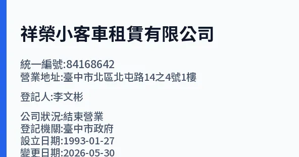 祥榮小客車租賃有限公司的照片-統編 84168642(臺中市) 公司登記資料與營業項目詳細圖表