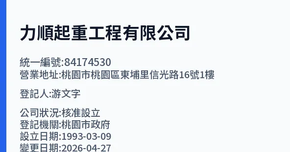 力順起重工程有限公司的照片-統編 84174530(桃園市) 公司登記資料與營業項目詳細圖表