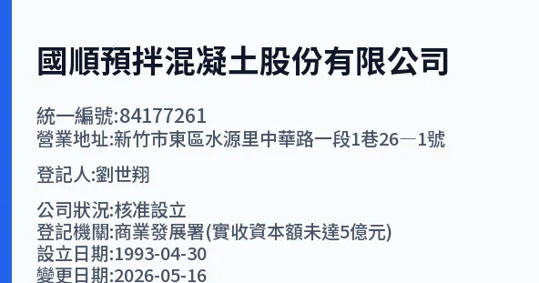 國順預拌混凝土股份有限公司的照片-統編 84177261(新竹市) 公司登記資料與營業項目詳細圖表
