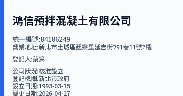 鴻信預拌混凝土有限公司的照片-統編 84186249(新北市) 公司登記資料與營業項目詳細圖表