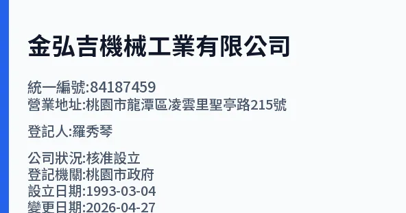 金弘吉機械工業有限公司的照片-統編 84187459(桃園市) 公司登記資料與營業項目詳細圖表