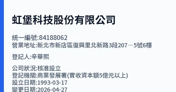 虹堡科技股份有限公司的照片-統編 84188062(新北市) 公司登記資料與營業項目詳細圖表