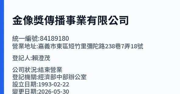 金像獎傳播事業有限公司的照片-統編 84189180(嘉義市) 公司登記資料與營業項目詳細圖表