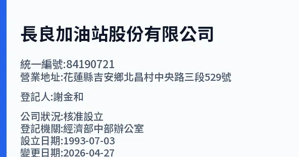 長良加油站股份有限公司的照片-統編 84190721(花蓮縣) 公司登記資料與營業項目詳細圖表