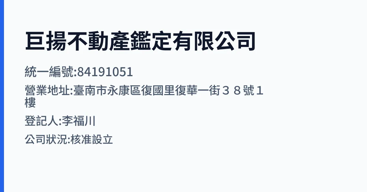 巨揚不動產鑑定有限公司 - 統編 84191051(臺南市) 公司登記資料與營業項目詳細圖表