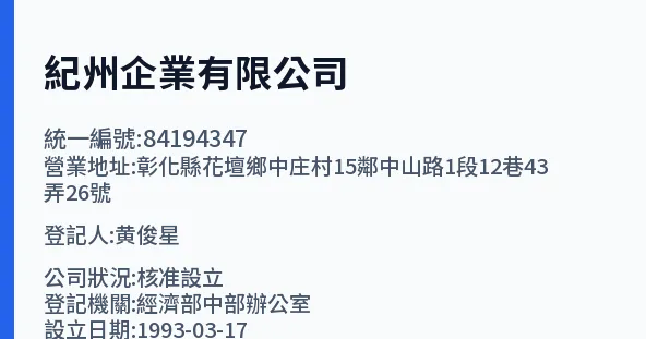 紀州企業有限公司的照片-統編 84194347(彰化縣) 公司登記資料與營業項目詳細圖表