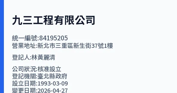 九三工程有限公司的照片-統編 84195205(新北市) 公司登記資料與營業項目詳細圖表