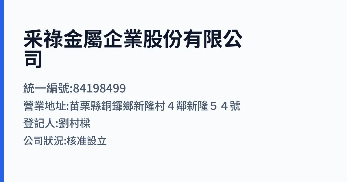 釆祿金屬企業股份有限公司 - 統編 84198499(苗栗縣) 公司登記資料與營業項目詳細圖表